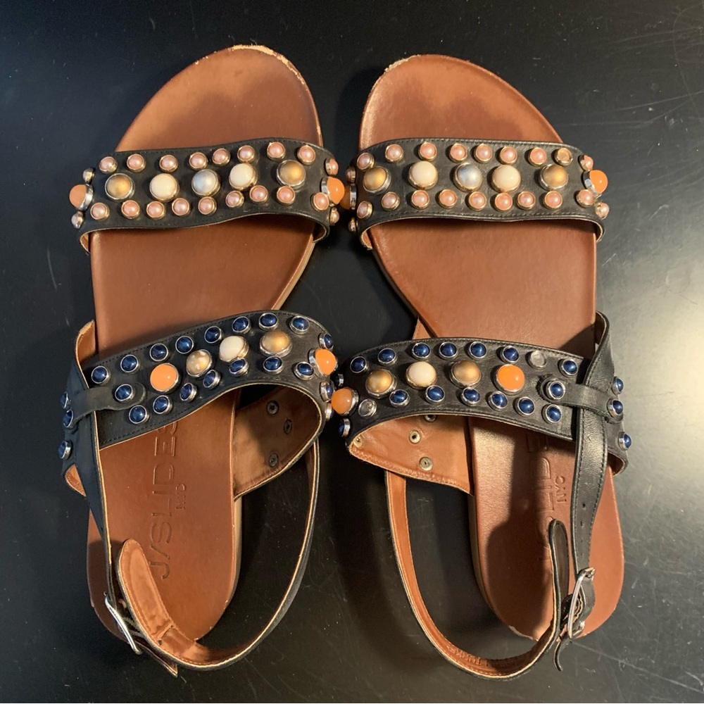 Jeweled Black Flat Two Strap Sandal - Gem